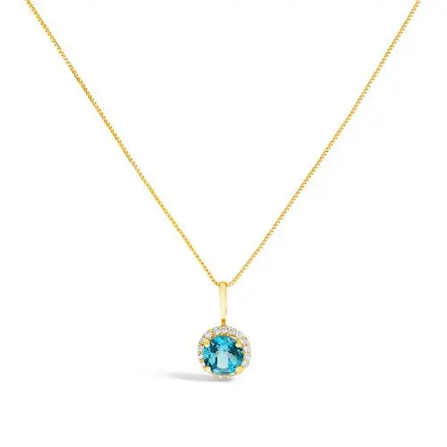 HAUS OF BRILLIANCE 10k Gold Gemstone And Diamond Accent Halo Pendant Necklace - Yellow | Blue Topaz